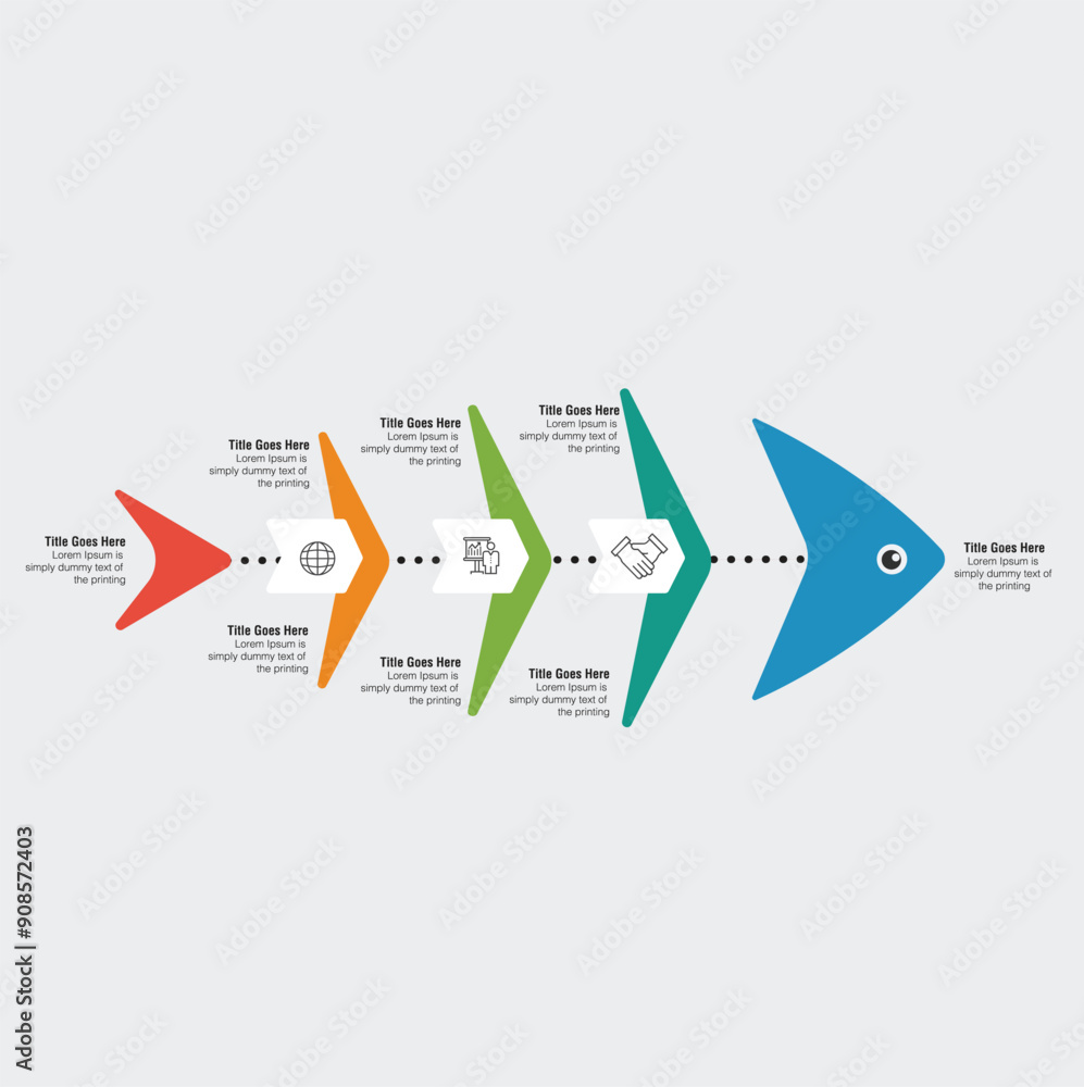 Fishbone chart with five connected elements. Concept of 5 stages of ...