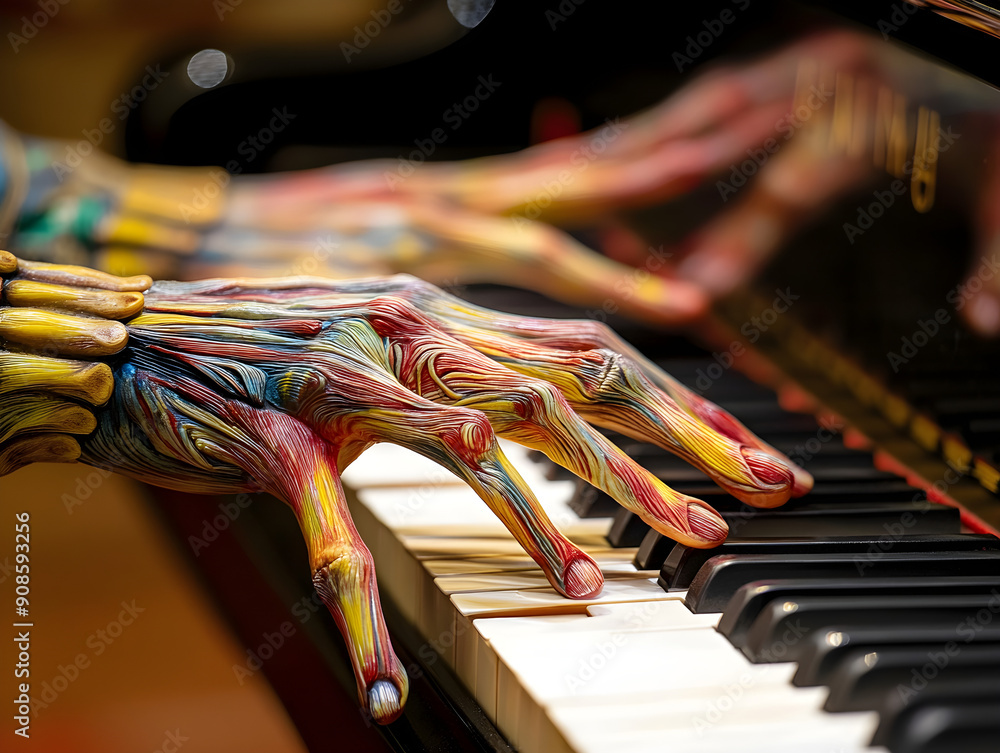 Vibrant Artistic Hand Anatomy Over Grand Piano Keys: Colorful Muscle ...
