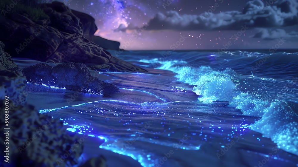 Bioluminescent beaches on new Earth, realistic sands with dynamic focus ...