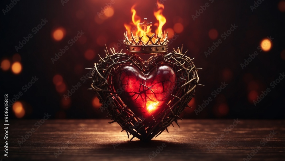 The Sacred Heart, a crown of thorns in the shape of a heart on fire ...