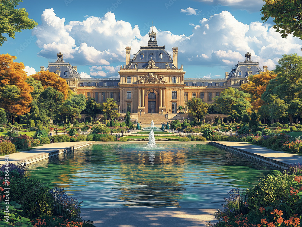 Dessin réaliste et détaillé du jardin des Tuileries avec l'Orangerie ...