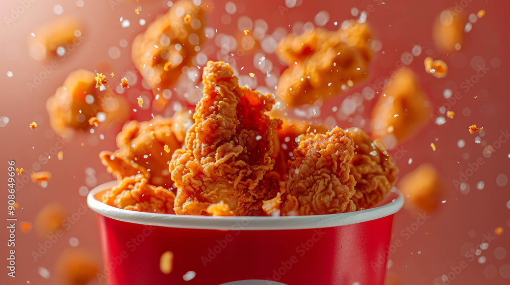 Fried chicken flies out of the kfc bucket, open frame, clear background ...