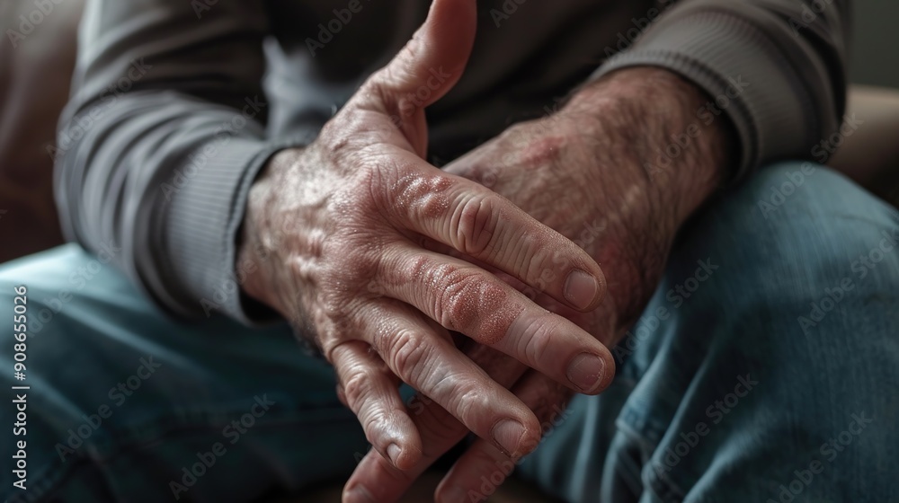 Portrait of human hand with skin eczema dermatitis allergic rash of ...