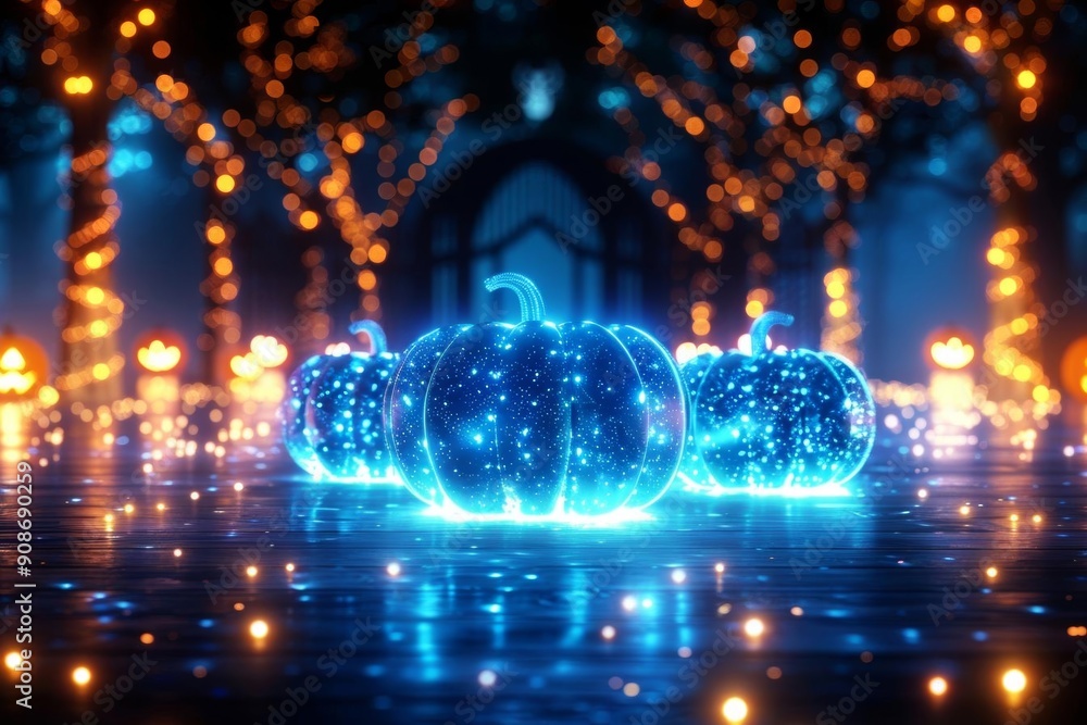Glowing blue pumpkins in a spooky, nighttime setting with twinkling ...