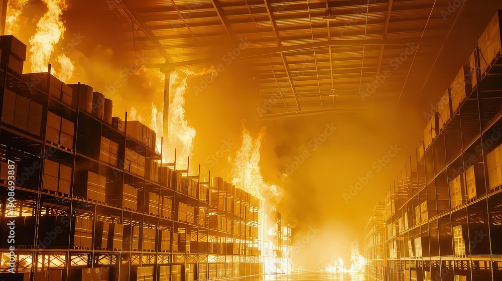 Fire in a warehouse. The fire's wrath knows no bounds as it ravages the ...