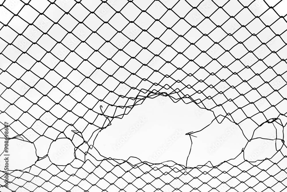 Opening in metallic fence isolated on white background . Challenge ...