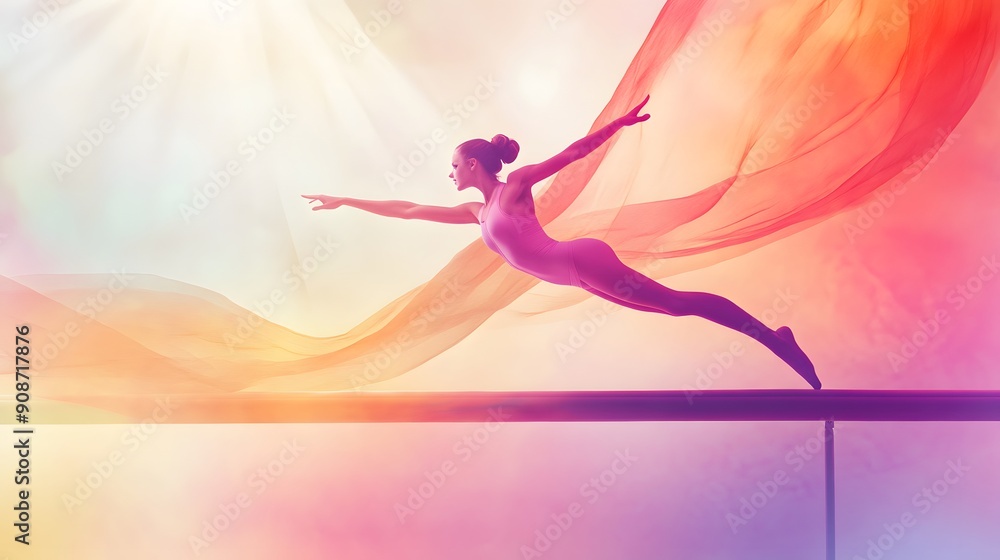 Dynamic illustration of vibrant Olympic sport, gymnast on balance beam ...