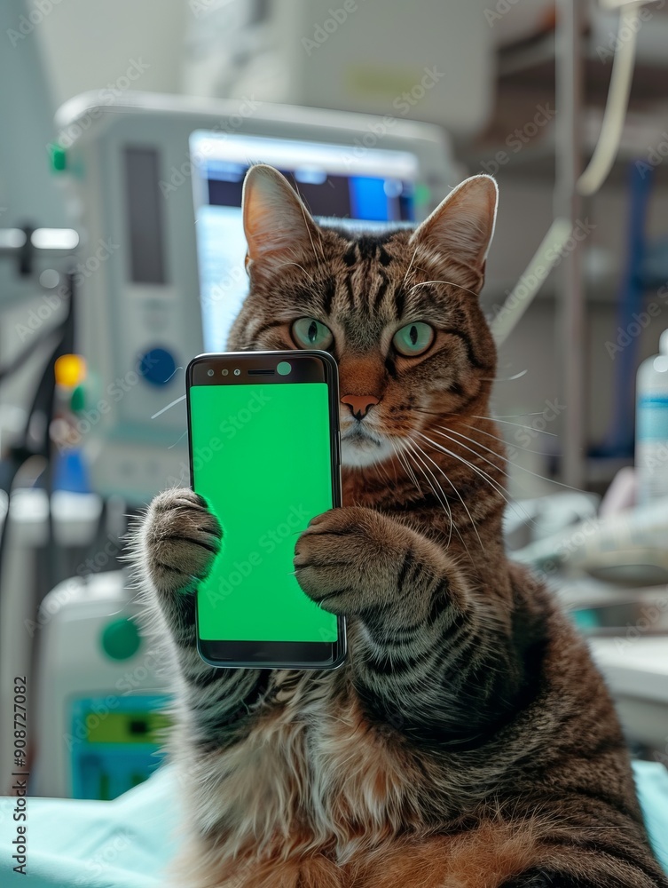 A tabby cat holding a smartphone with a green screen, sitting in a ...