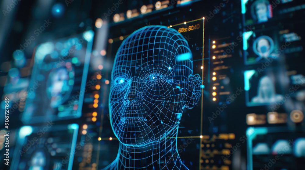 Facial recognition technology, human face with data of AI biometric ...
