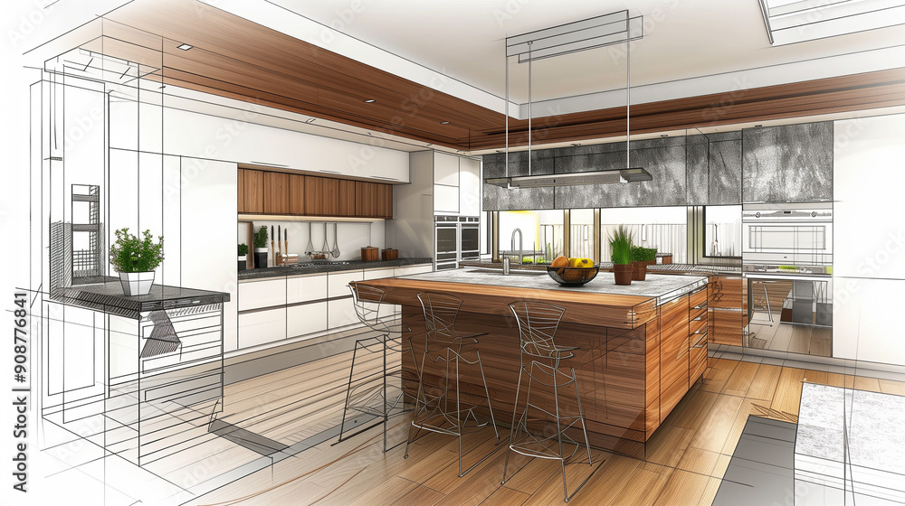 "Modern kitchen interior design featuring white and wood colors with ...