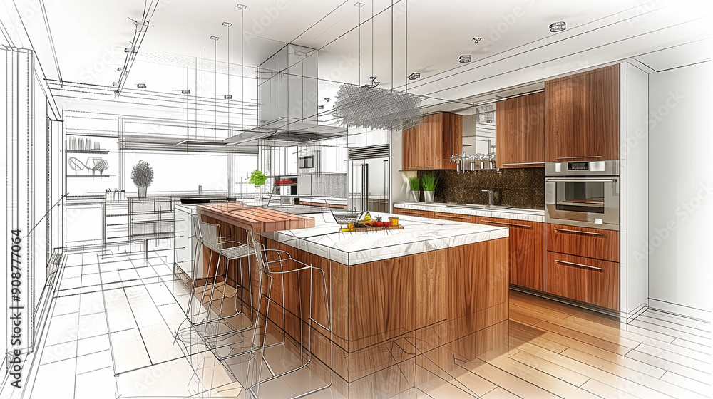 "Modern kitchen interior design featuring white and wood colors with ...