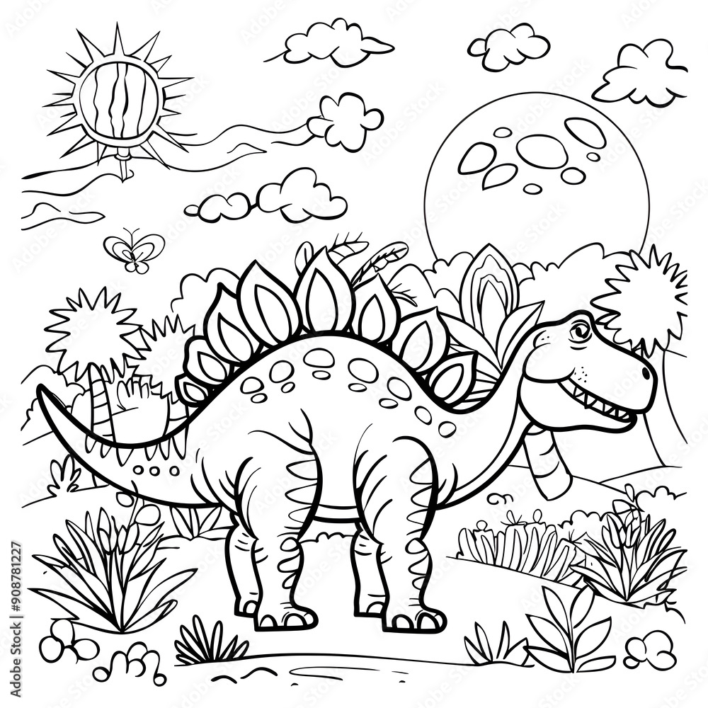 Cute Dinosaur Coloring Page Illustration for Kids with Detailed ...
