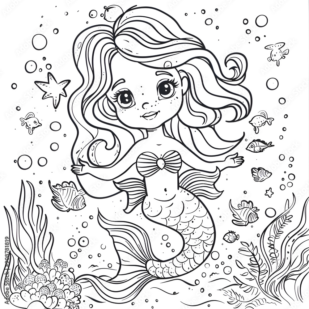 Beautiful Mermaid Coloring Page Illustration for Kids with Detailed ...