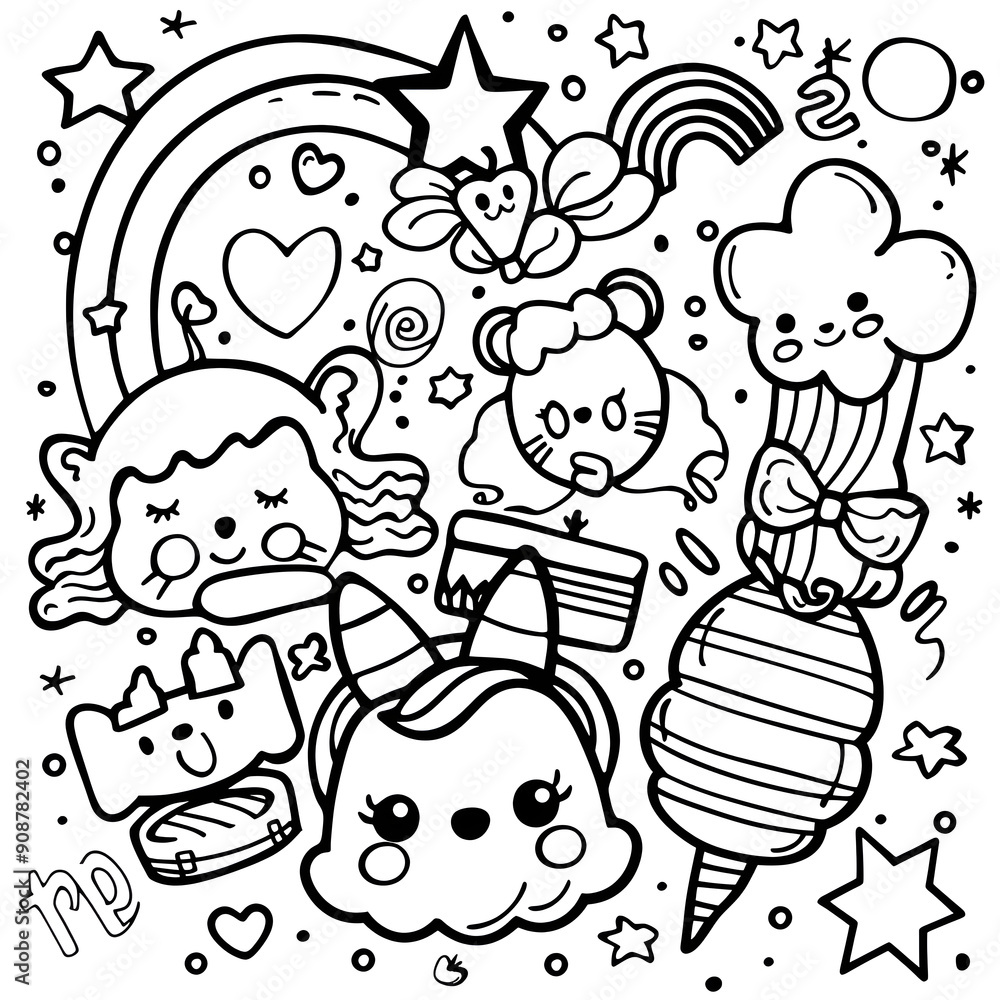 Cute Food Doodles Coloring Page Illustration for Kids with Whimsical ...
