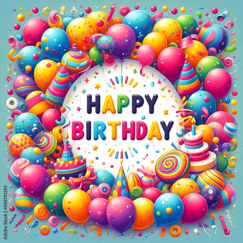 Colorful Happy Birthday Card Design with Balloons and Confetti Stock ...
