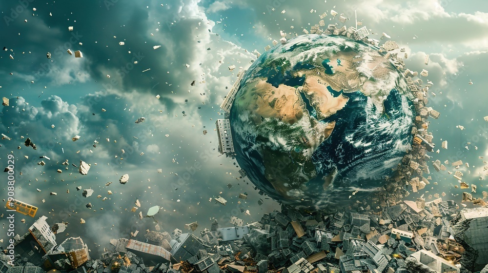 Planet earth made of building materials, destroyed by the excess of ...