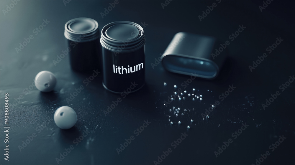 Dark-themed image of lithium containers, small white pebbles, and a closed metallic box on a ...