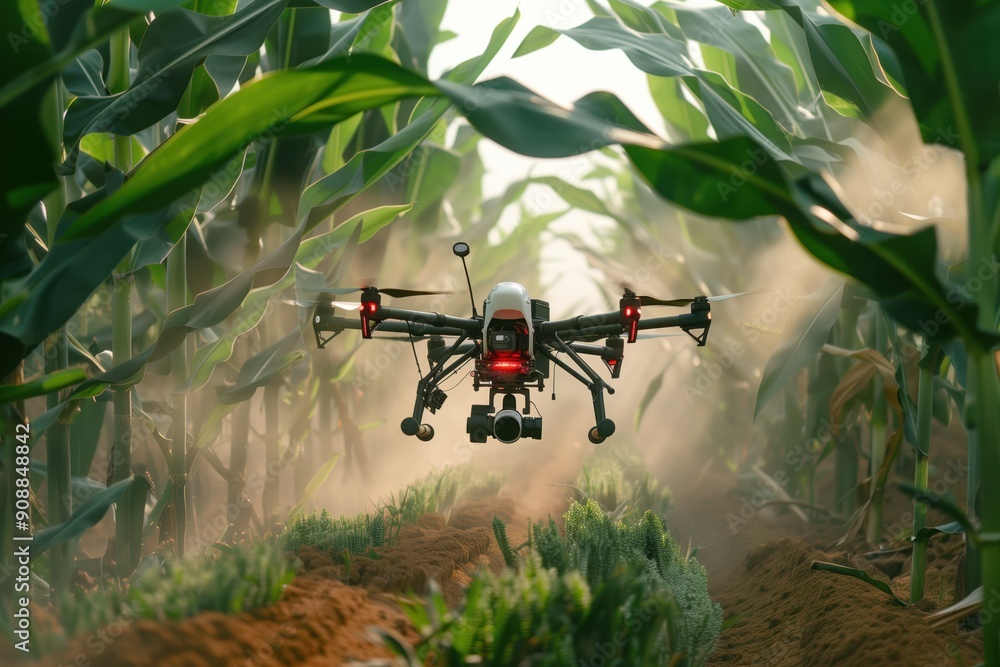 Farmer using drone to irrigate corn field from pests. Fusion of technology and traditional ...