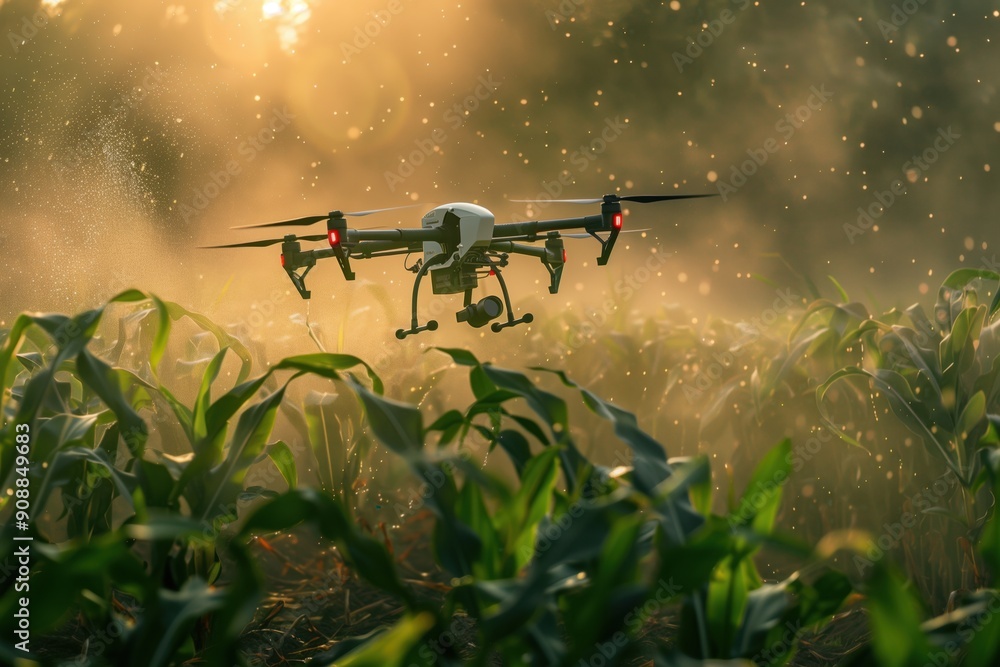 Farmer using drone to irrigate corn field from pests. Fusion of technology and traditional ...