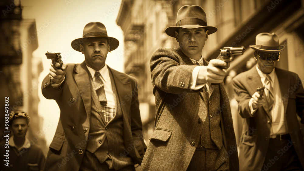 1920s gangsters in the streets, holding guns and wearing suits Stock ...