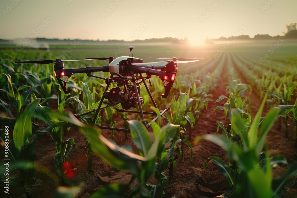 Farmer using drone to irrigate corn field from pests. Fusion of technology and traditional ...