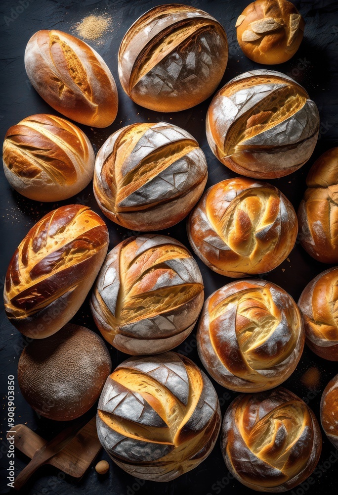 artisan loaves freshly baked bread displayed dark slate background ...