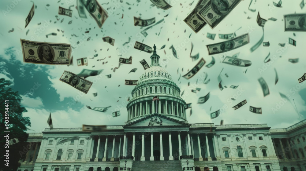 Dollar bills rain down from the sky around the Capitol building ...
