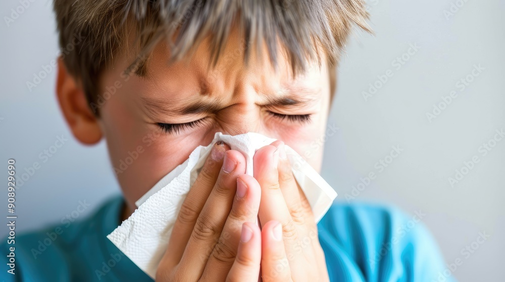 Young boy sneezing into a tissue with a plain white background ...
