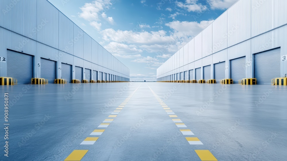 Long symmetrical view of modern warehouse exterior with blue sky and ...
