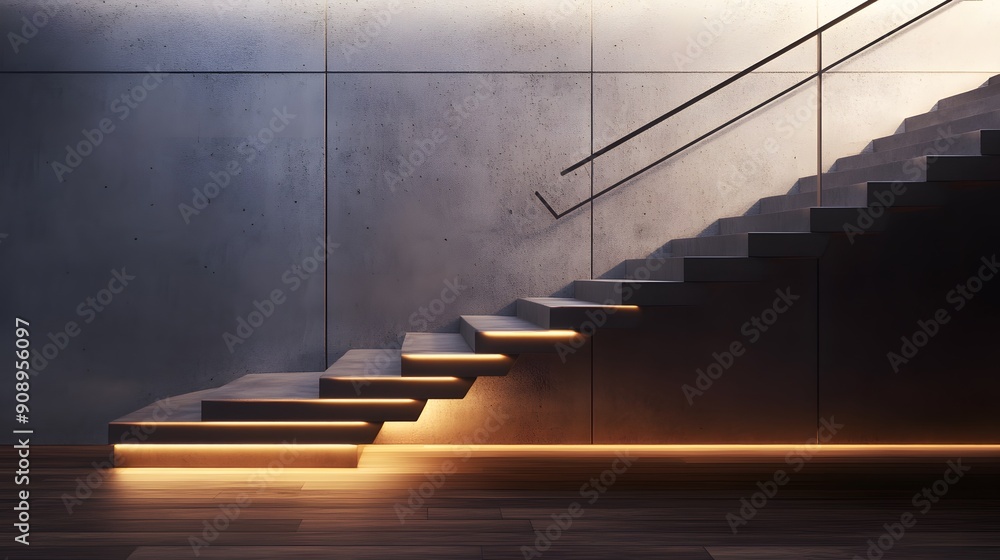 Modern minimalist staircase, concrete walls, warm LED lighting under ...