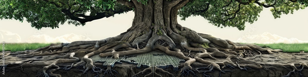 An image of a large, leafy tree with its roots transforming into a city ...