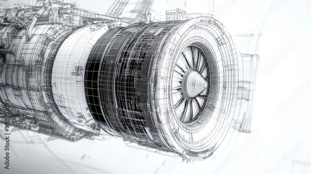 A detailed blueprint design of an airplane jet engine, showcasing the ...