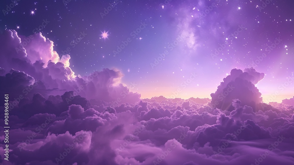 A dreamy twilight scene with a purple sky, dotted with stars, and ...