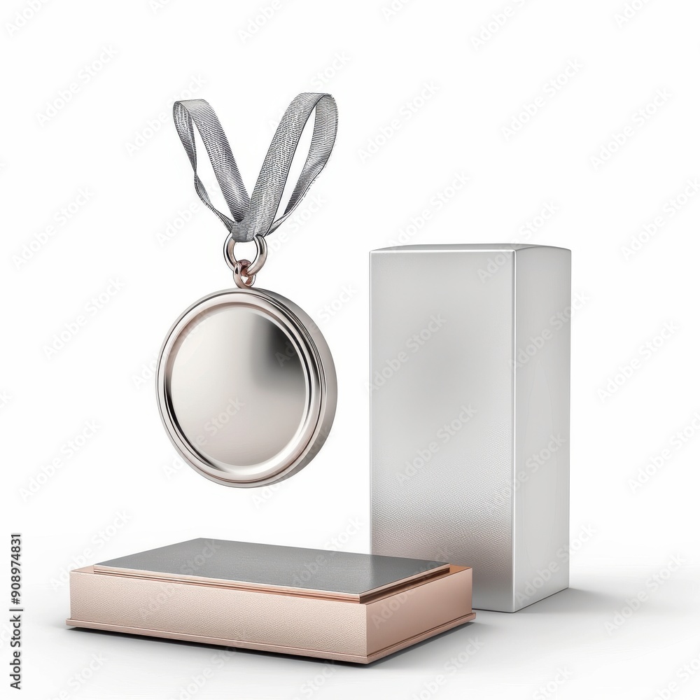 Modern silver medal with minimalist design, isolated white background ...
