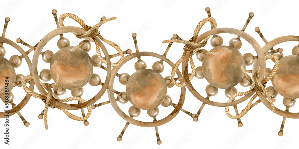 Wooden anchors marine collection watercolor seamless border. Hand drawn ...