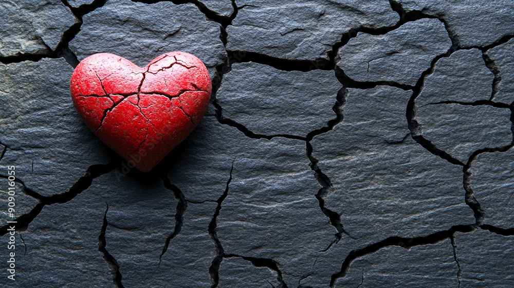 red stone heart rests on a cracked gray stone floor, symbolizing ...
