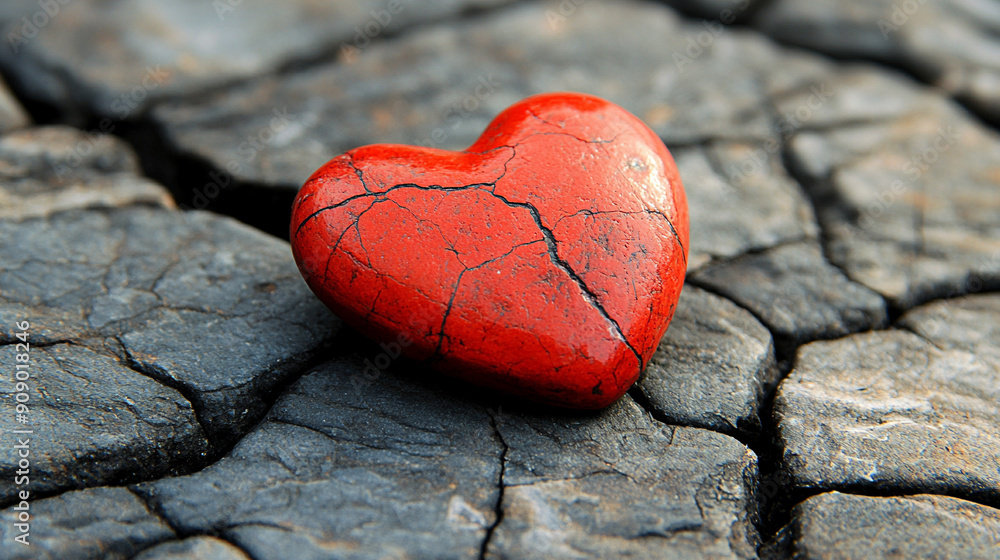 red stone heart rests on a cracked gray stone floor, symbolizing ...