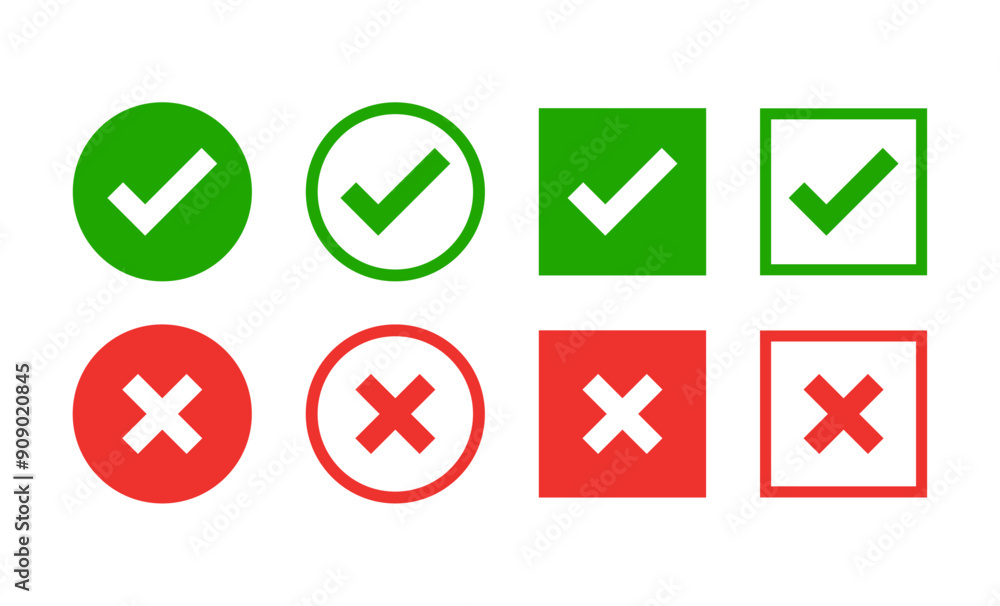 Sharp green checkmark and red cross on isolated white background vector ...