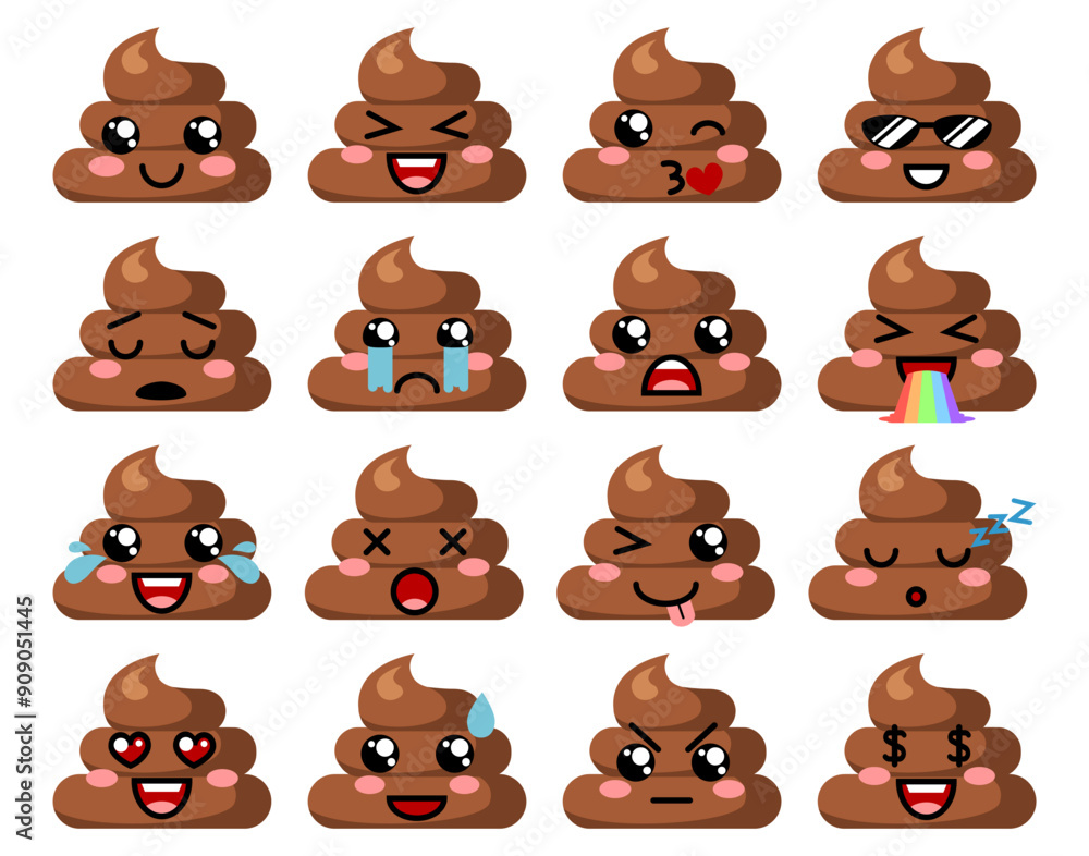Poop emoji set. Collection of shit with different moods. Set of poo ...