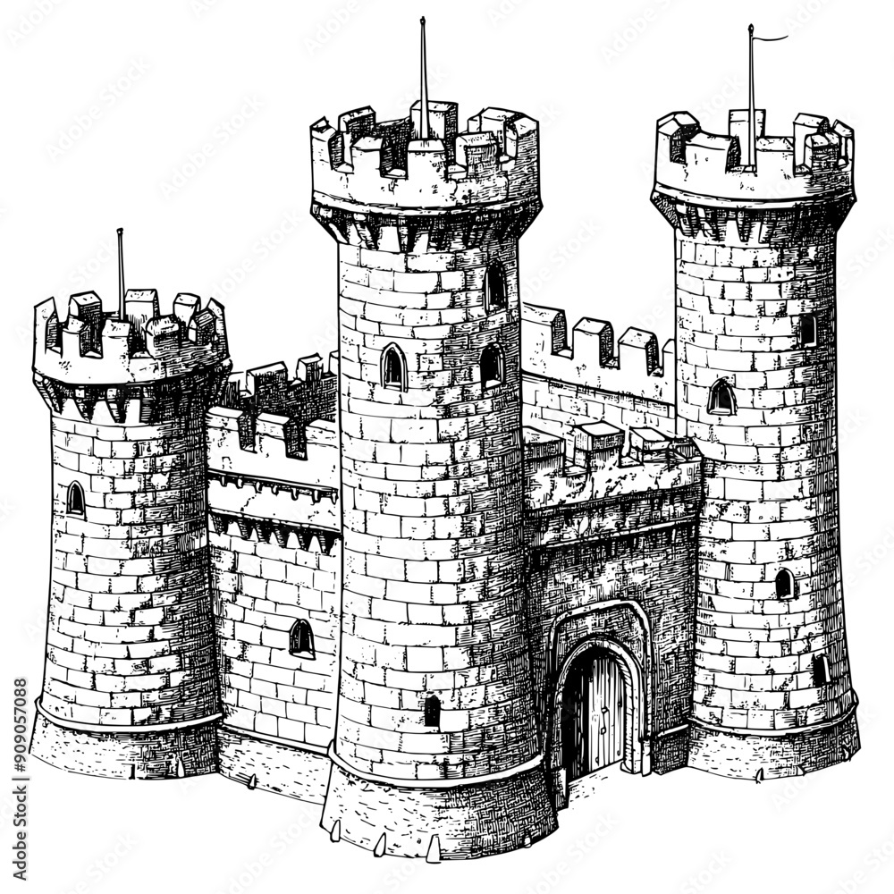 Detailed drawing of a medieval castle with tall towers, fortified walls ...
