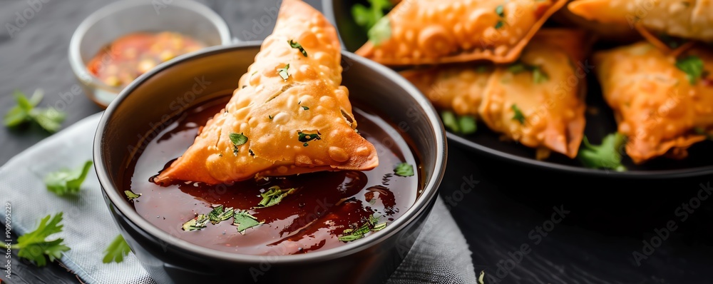 Indian snack of crispy herbspiced samosa chaat with tamarind sauce ...