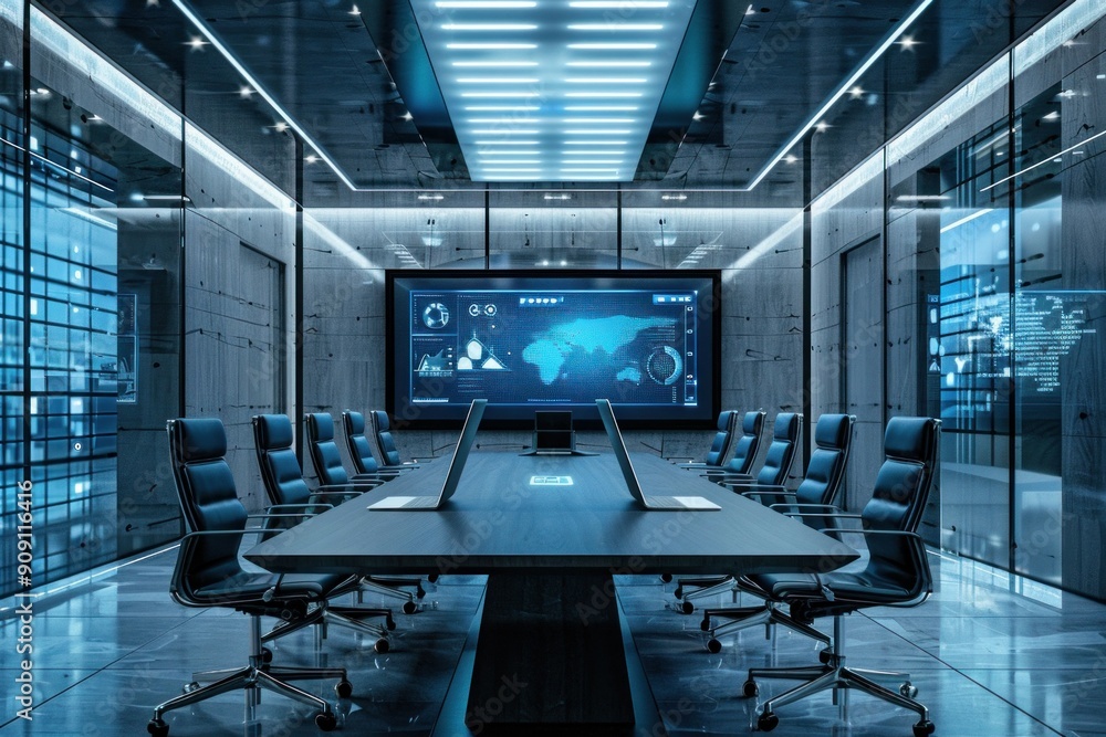 Modern conference room with sleek design, glass walls, and high tech ...