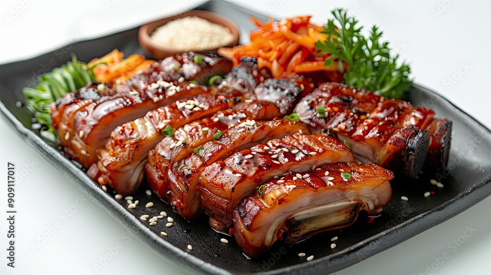 Bossam sliced pork belly served with garlic, kimchi, and ssamjang ...
