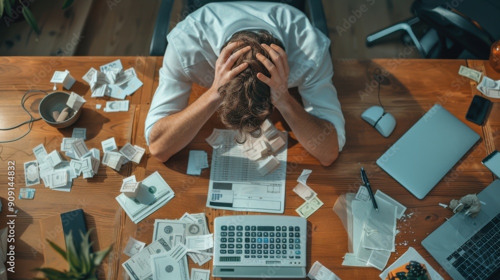 Stressed man overwhelmed with bills and paperwork at a cluttered desk ...