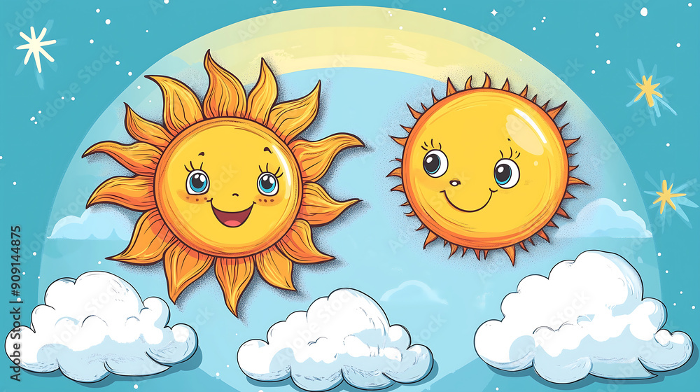 Cartoon illustration of two suns and clouds, in a cute cartoon style ...