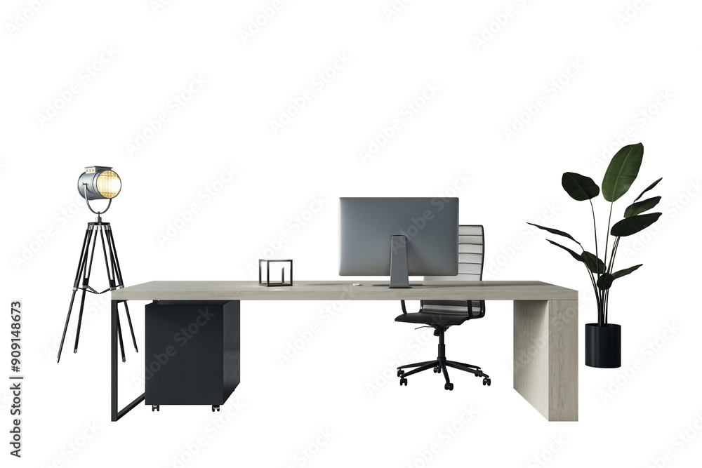 Modern office desk with computer, chair, lamp, and plant isolated on a ...