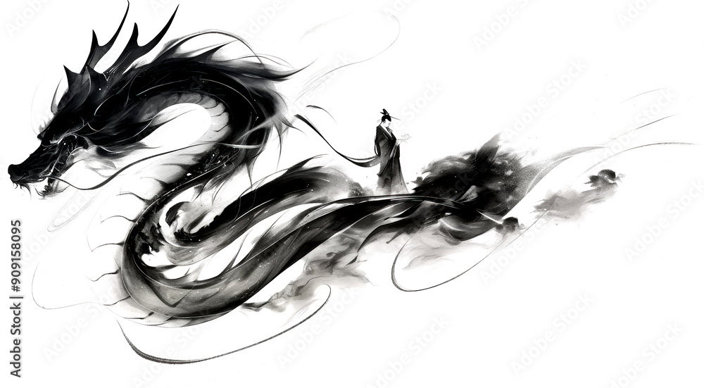 Ink drawing dragon isolated on transparent background. PNG Stock ...