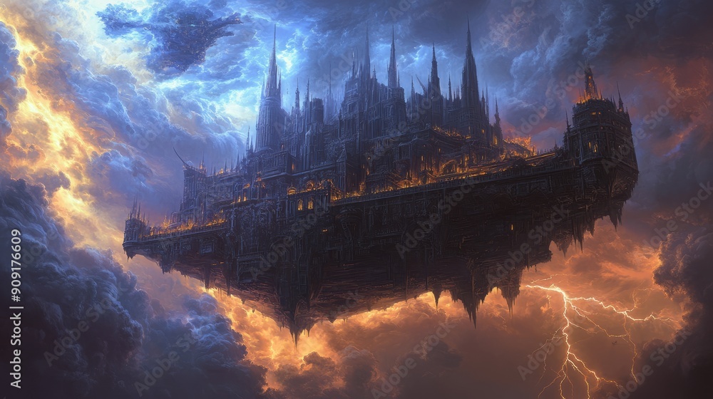 Sky Fortress: A Floating City Built on the Back of a Giant Beast Stock ...