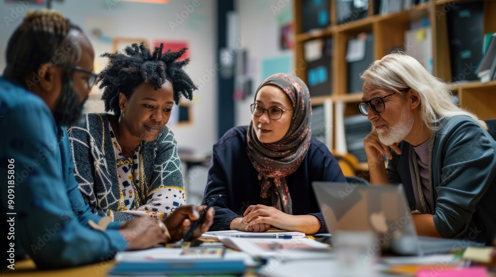 A diverse group of teachers collaborating on a lesson plan in a school ...