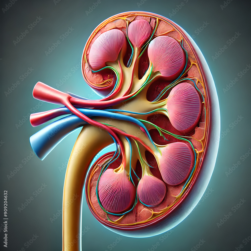 3D model of a human kidney, showing the detailed internal anatomy ...